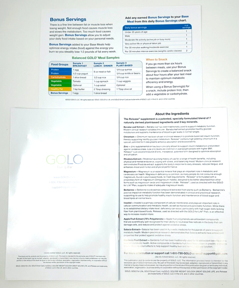 GOLO for Life Plan Guide, The GOLO Diet Meal Smart Card, Release ...