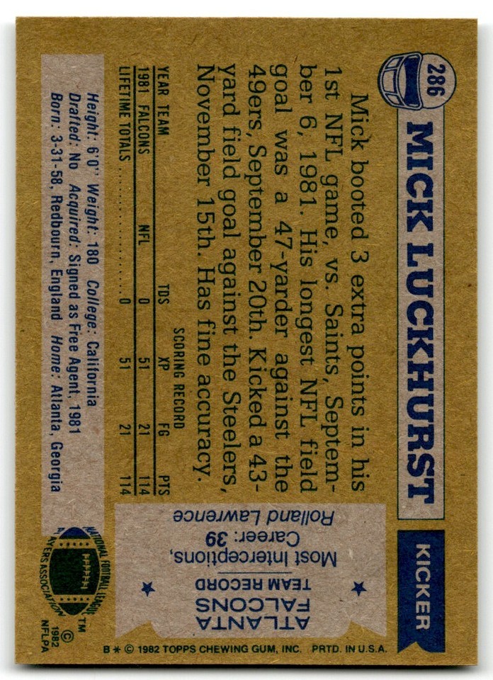 1982 TOPPS MICK LUCKHURST RC ATLANTA FALCONS #286 | eBay