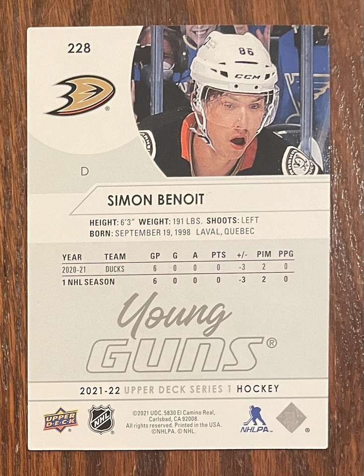 2021-22 Upper Deck Young Guns Rookie #228 - Simon Benoit - Ducks RC! | eBay