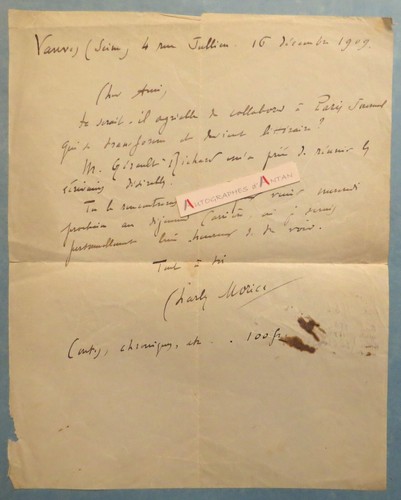 L.A.S 1909 Charles MORICE poète VANVES 4 rue Jullien - Gérault Richard ...