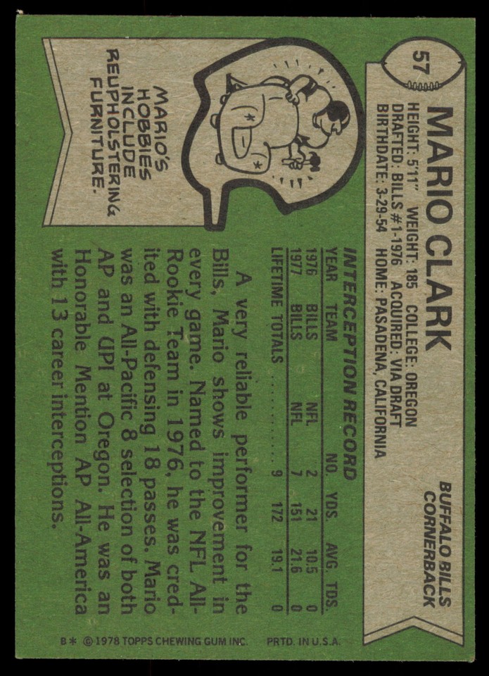 1978 Topps #57 Mario Clark RC Buffalo Bills | eBay