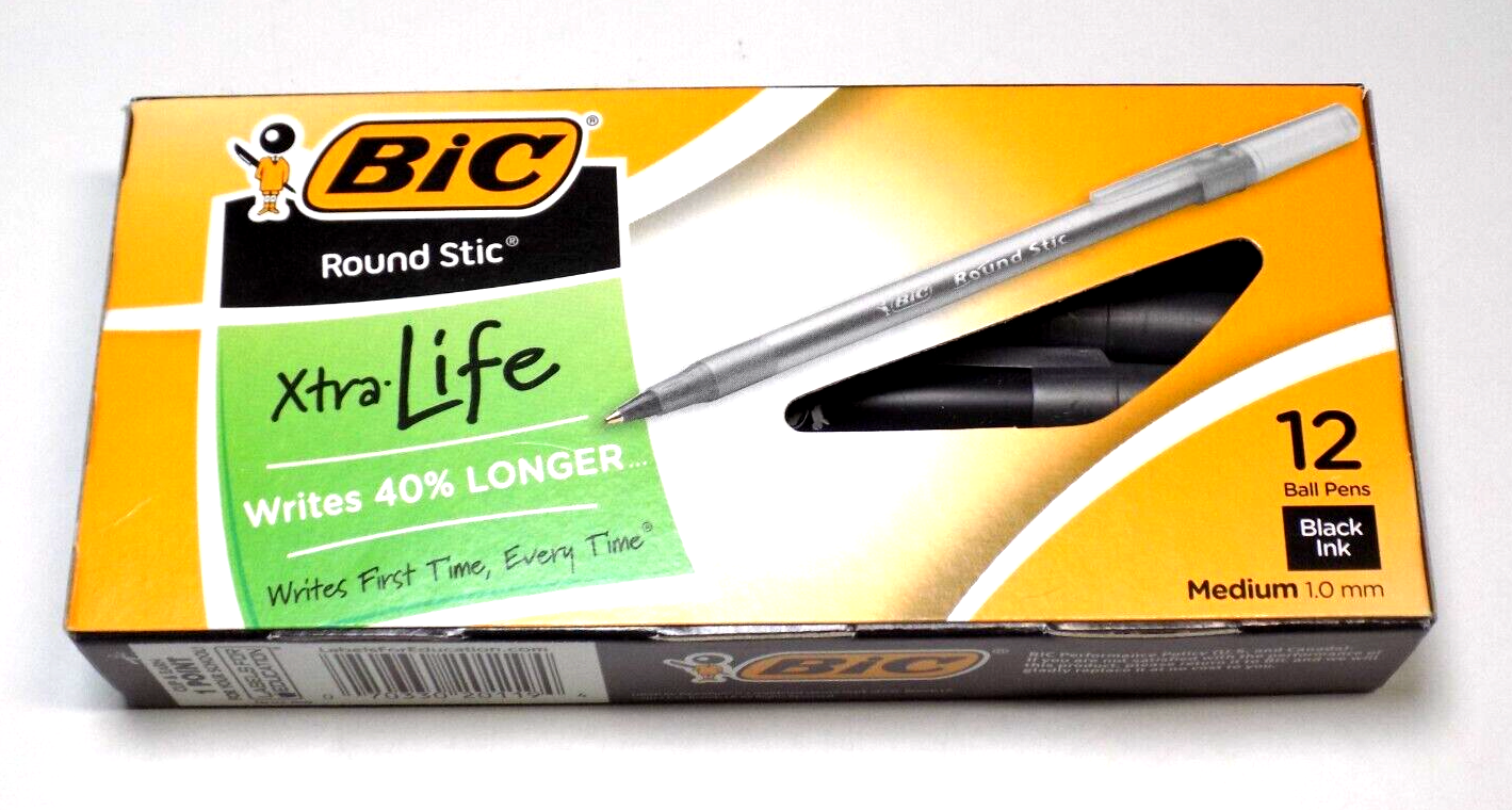 BIC Round Stick Black Medium Ball Point Pens- 1 Box of 12 - 10mm ...
