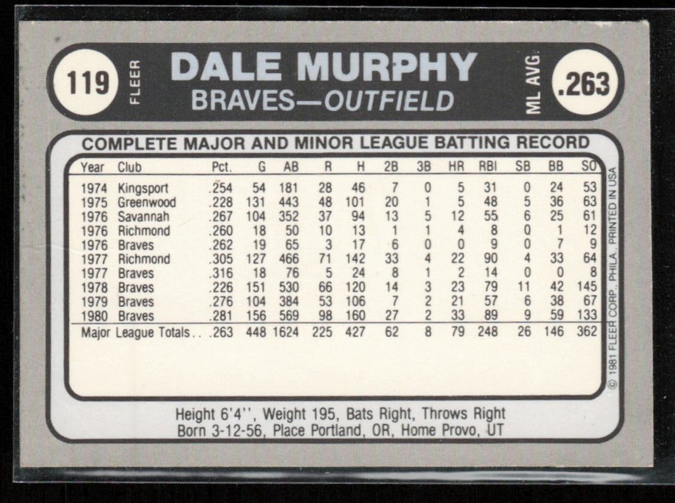Dale Murphy Baseball Card Singles * You PICK CHOOSE * Braves Phillies ...