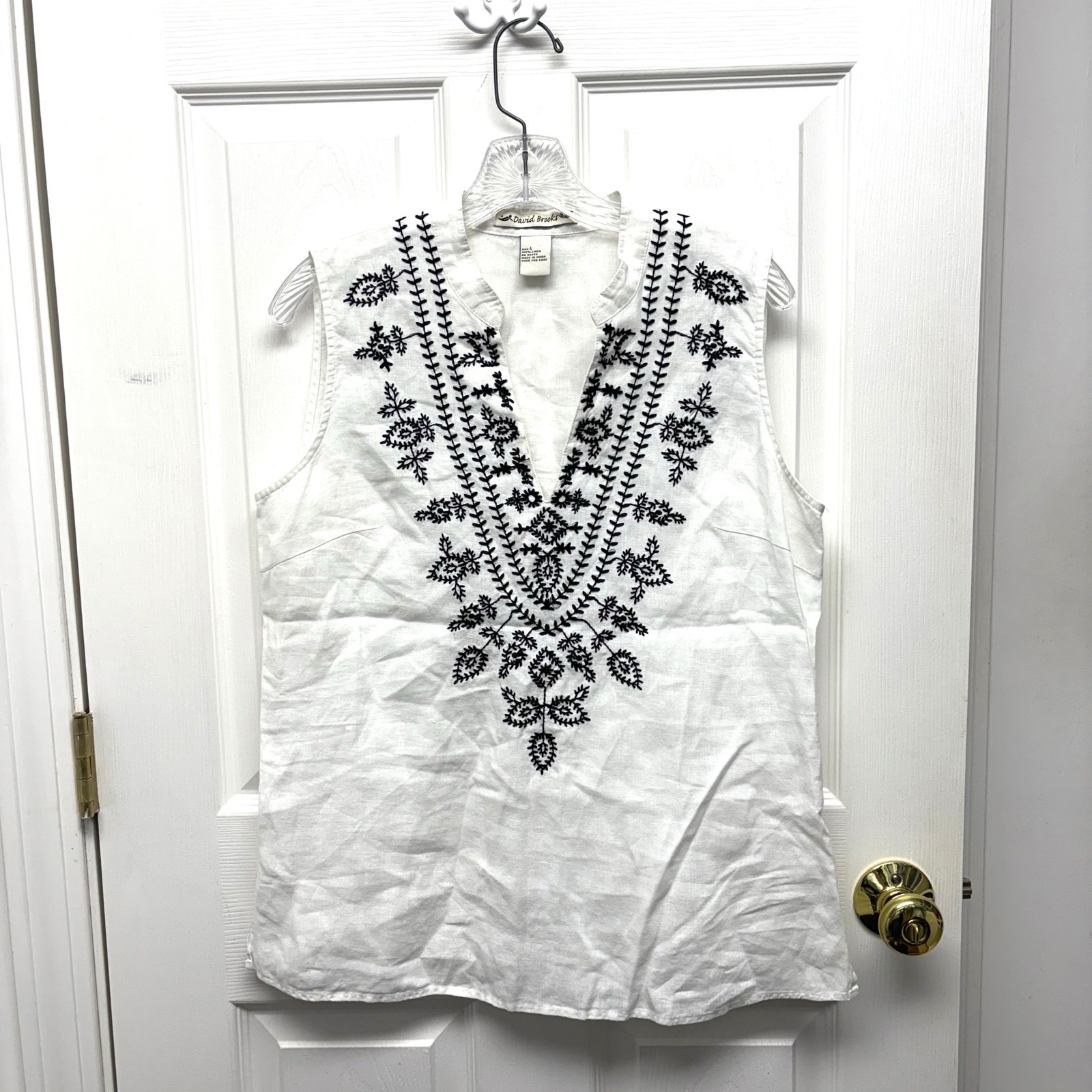 David Brooks White Linen Top Black Embroidery Sleeveless Split Neck ...