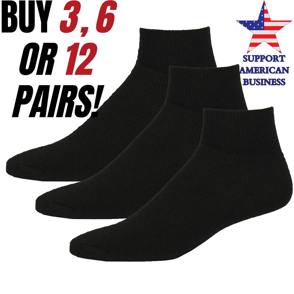 Black Ankle Work Socks for Men Quarter Cotton Crew Sock Size 9-11 10-13 ...