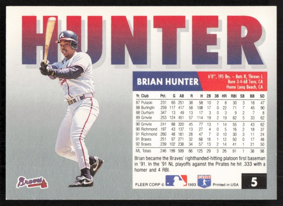 1993 Fleer #5 Brian Hunter Atlanta Braves | eBay