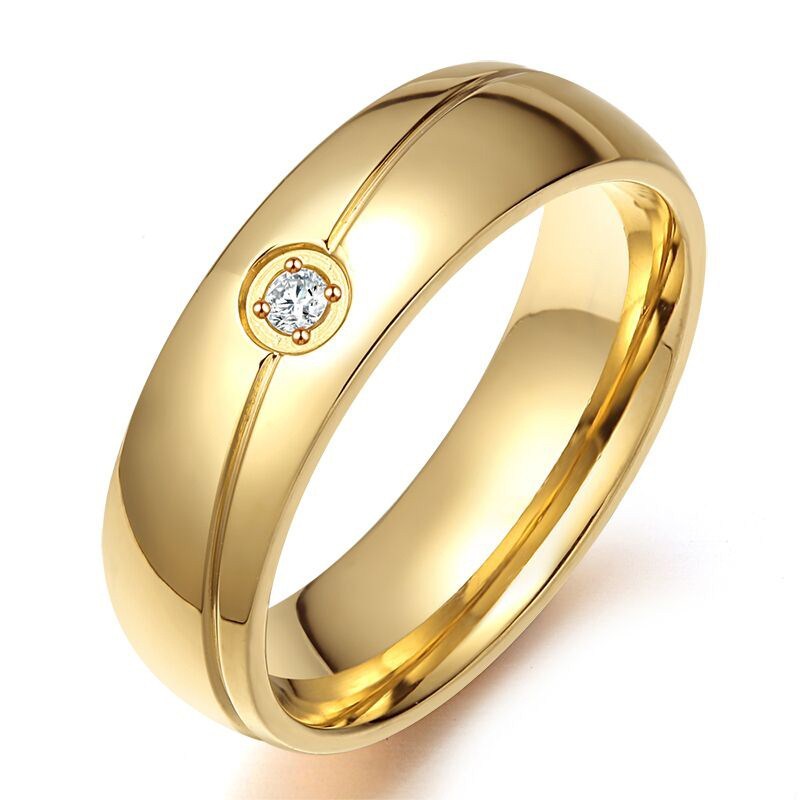 6MM Gold Plated Wedding CZ Band Men Women Stainless Steel Wedding Ring ...