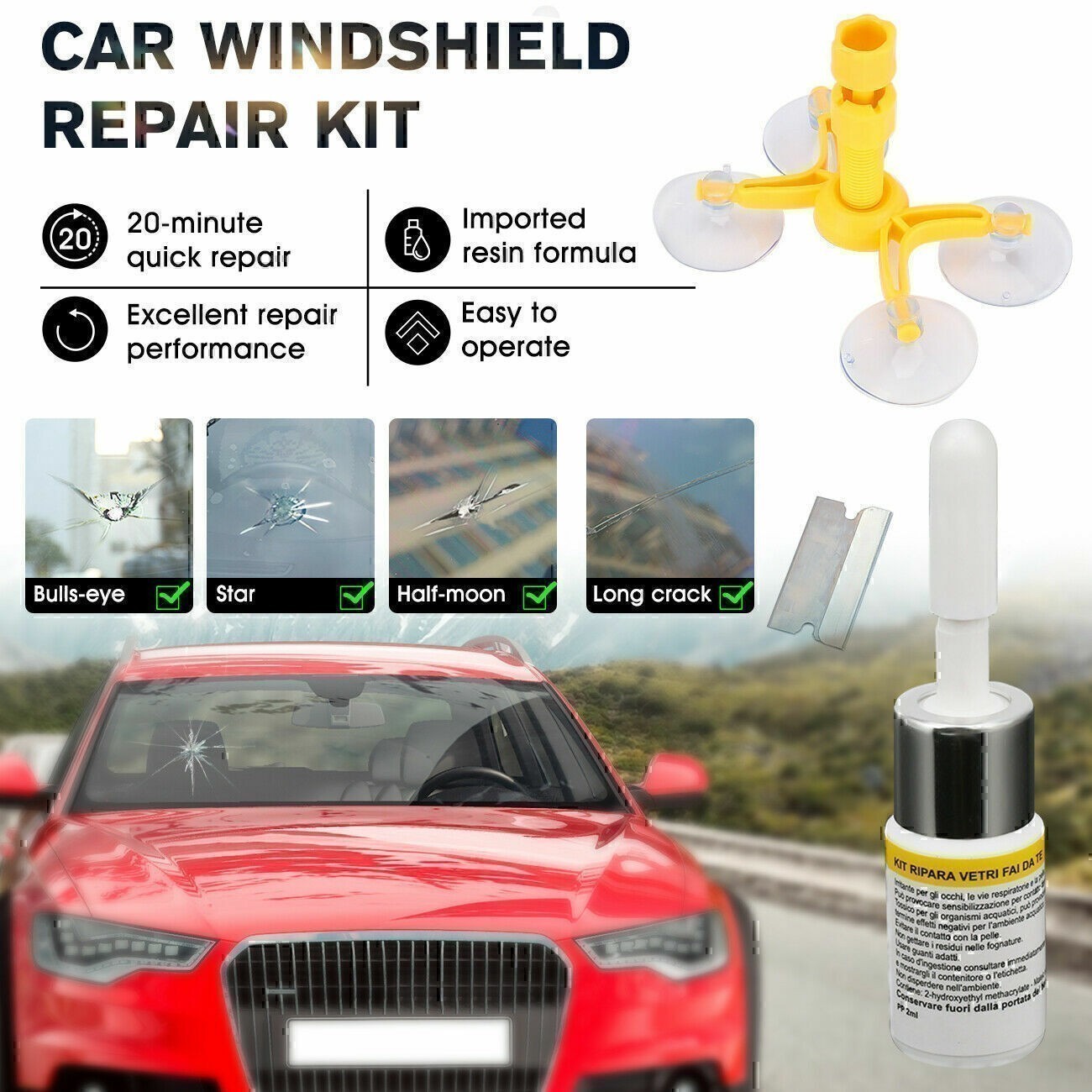 Windshield Repair Kit Quick Fix Car Wind Glass Bullseye Rock Chip Crack ...
