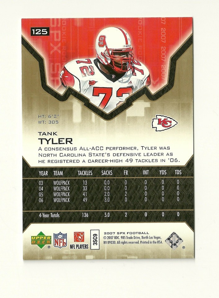 2007 SPx Gold Rookies #125 Demarcus Tank Tyler /699 Kansas City Chiefs ...