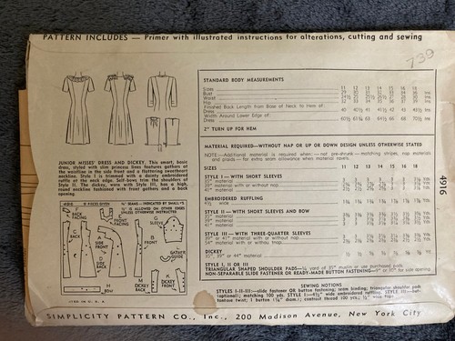 1940s Vintage Simplicity Patterns 4916 for 2 Dresses Size 12 Bust 30 ...
