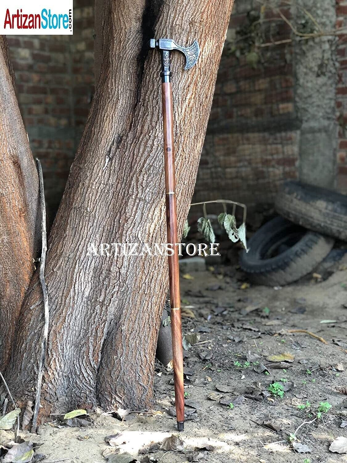 37" ANTIQUE BRASS AXE DESIGN HEAD HANDLE 3 FOLD BROWN WOODEN WALKING ...