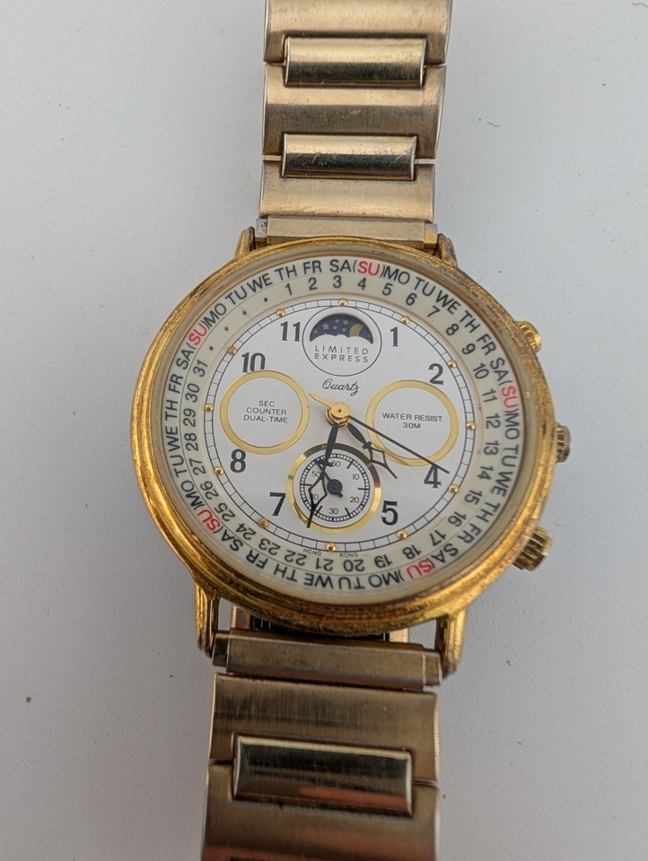 Vintage Limited Express Calendar Watch Men Moon Phase Gold Stretch Band ...