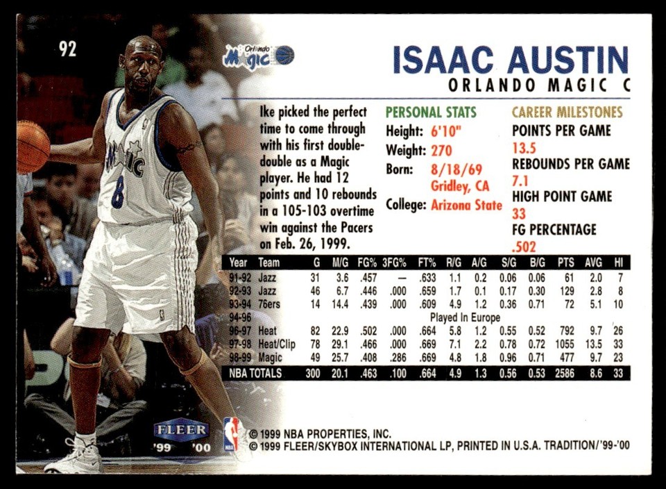 1999-00 Fleer Tradition Isaac Austin Orlando Magic #92 | eBay