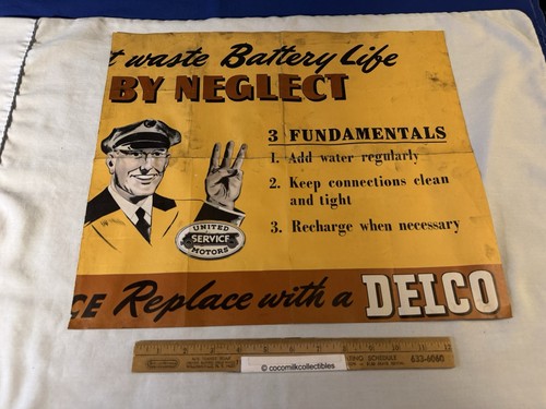 1940's Poster Damaged Delco Battery Life united Service Motors Service ...