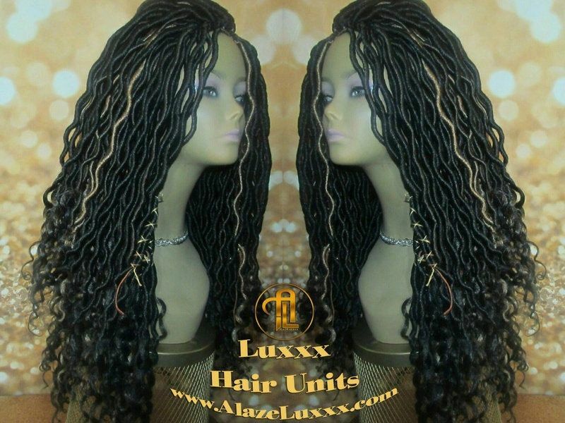 16in Individual Goddess Faux Locs Wig Wavy Black Dreads 1B Honey Blonde ...