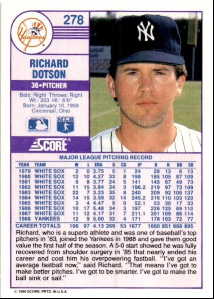 1989 Score Baseball Card Richard Dotson A New York Yankees #278 | eBay
