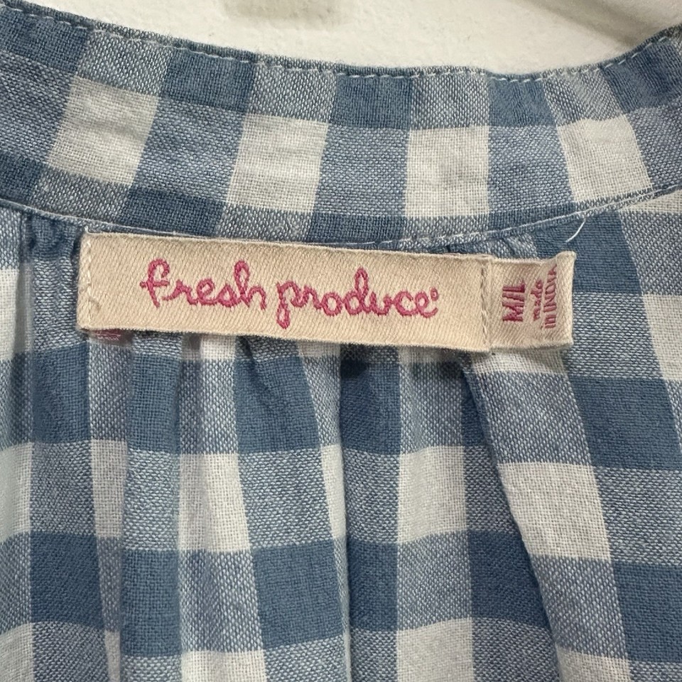 Fresh Produce Blue Gingham Tunic Top M/L 3/4 Sleeve Popover Hi Low Hem ...