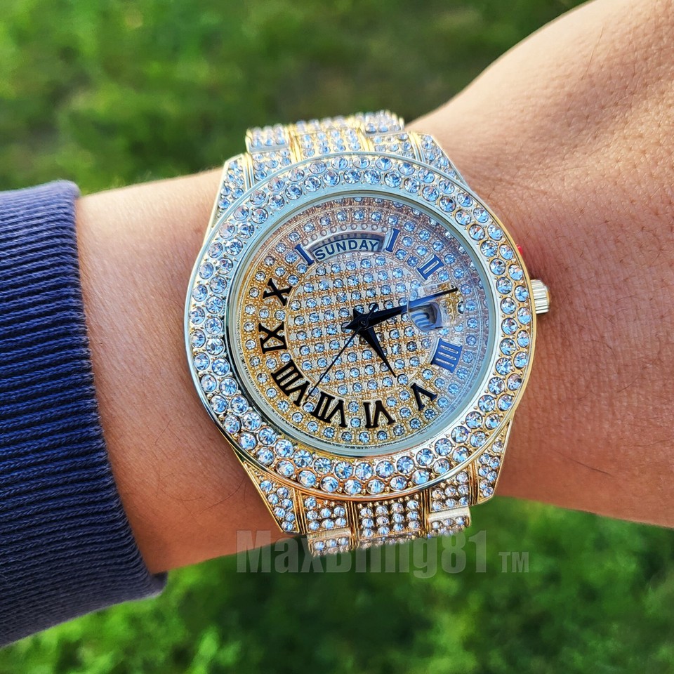 Men Iced Simulated Diamond Gold Silver Finish Date Day Luxury Icy Hip ...