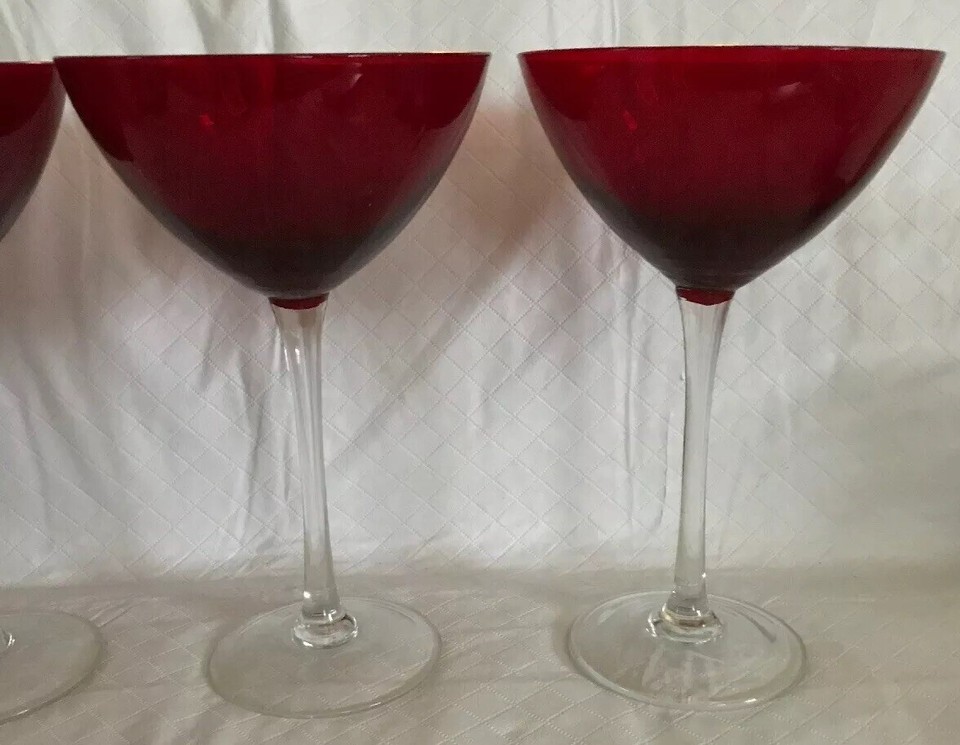 RED Cup WATER GOBLETS Clear Stem Ruby Wine Glass Set Of 4 Tall Fine ...