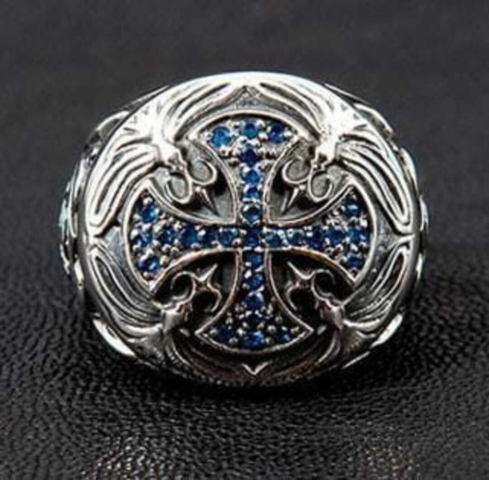 925 Sterling Silver Blue Stone Medieval Cross Ring Biker Gothic Rocker ...