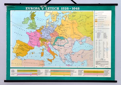 Old vintage school map - Europe in 1526 - 1648. Roll up. Czech language ...