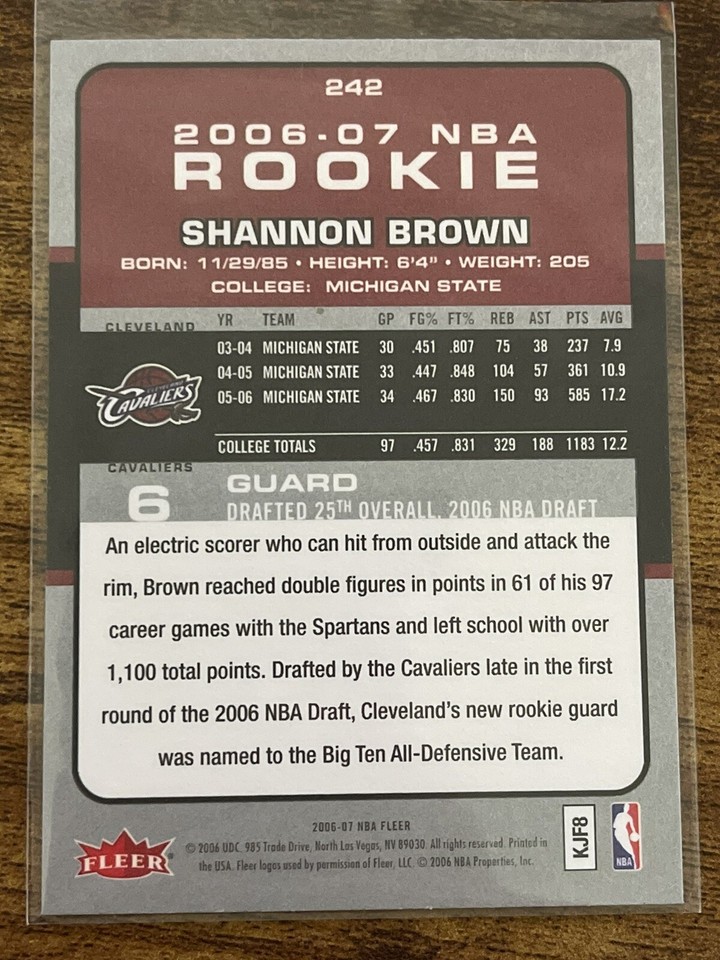 2006-07 Fleer Cleveland Cavaliers Basketball Card #242 Shannon Brown ...