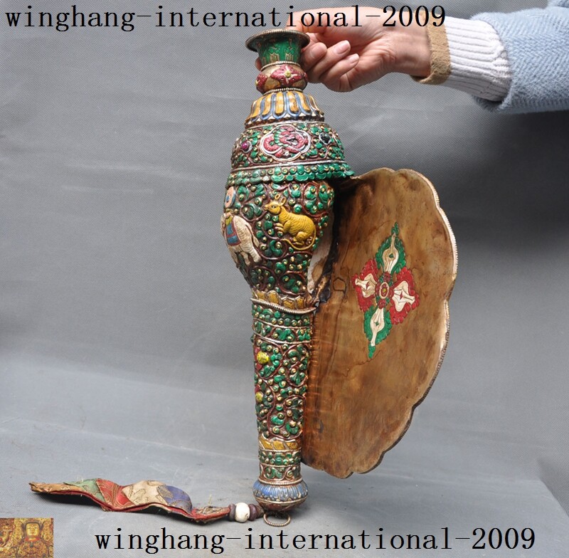 18"Conch Bronze Painted inlay gem Dragon horse Elephant Conch Trumpet ...