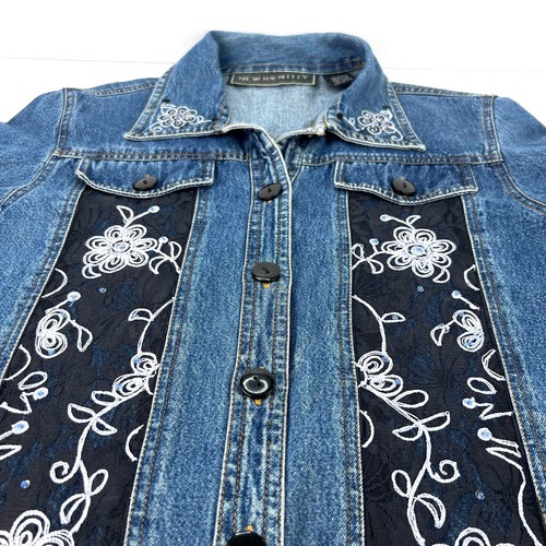 VIntage NEW IDENTITY Floral Embroidered Lace Beaded Denim Jean Jacket M ...
