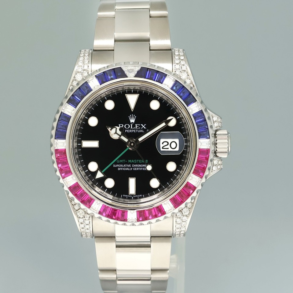 MINT Diamond Ruby & Sapphire Rolex GMT Master II 116710 Steel 40mm ...