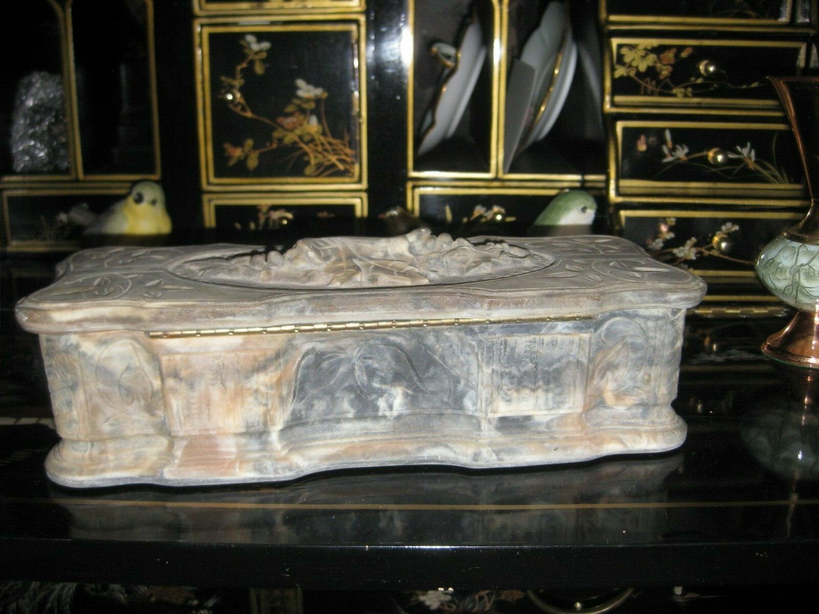 Hand Carved INCOLAY STONE JEWELRY BOX, TRINKET BOX with Black Velvet ...
