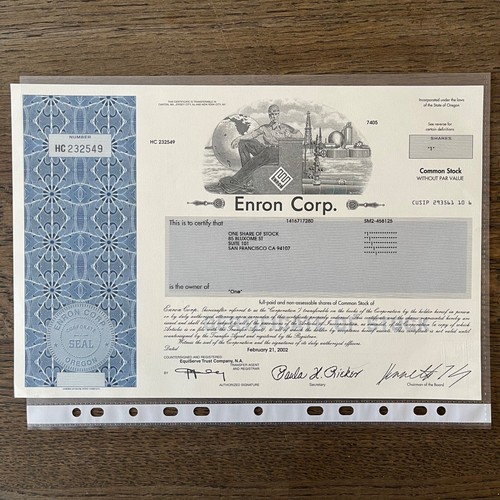 Original 2002 Enron Corp. Stock Certificate / Rare Wall Street ...