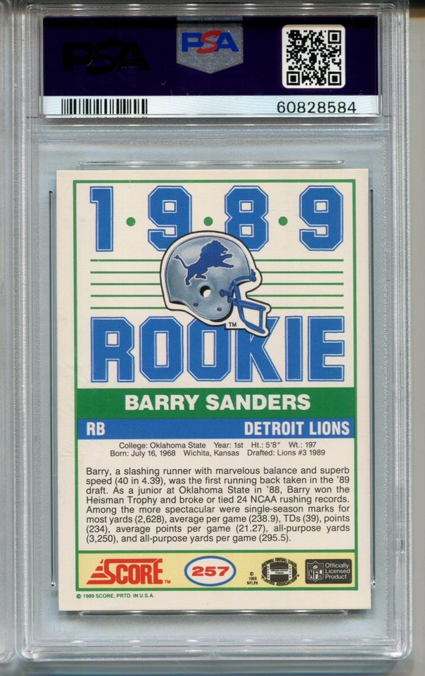 1989 Score Barry Sanders Rookie Card RC Graded PSA 9 Mint Football #257 ...