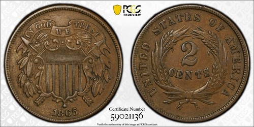 1865 Plain 5 Copper Two Cent Piece 2C PCGS AU 50 | eBay