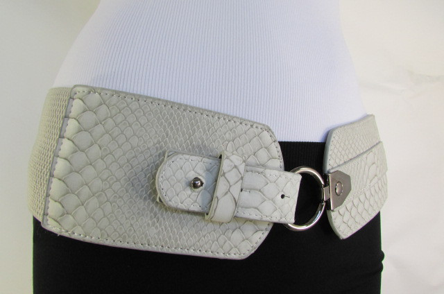Women Black White Beige Elastic Fashion Belt Snake Skin Wide Faux ...