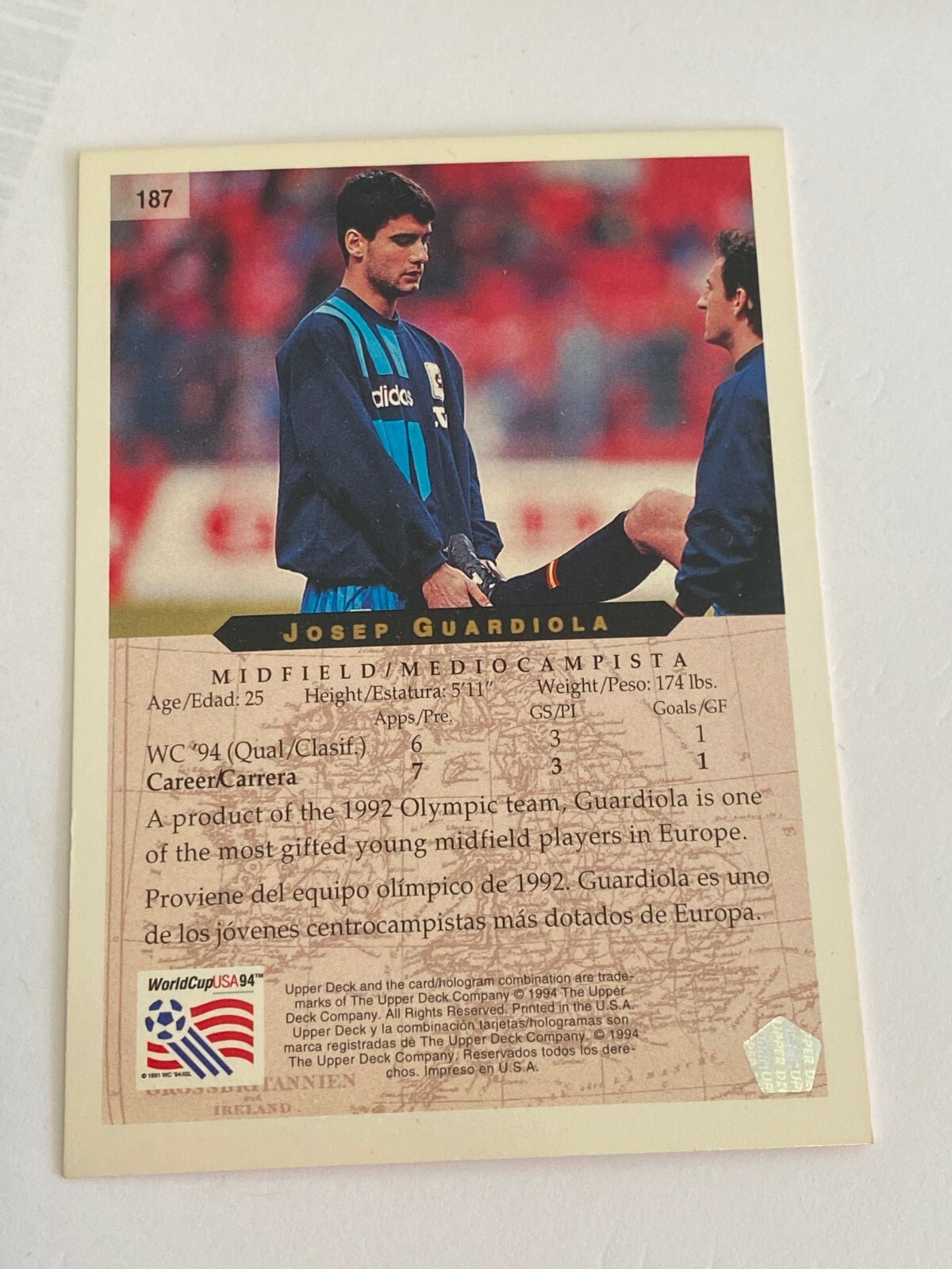 Josep Guardiola - Spain, Man City - 1994 Upper Deck World Cup Card #187 ...