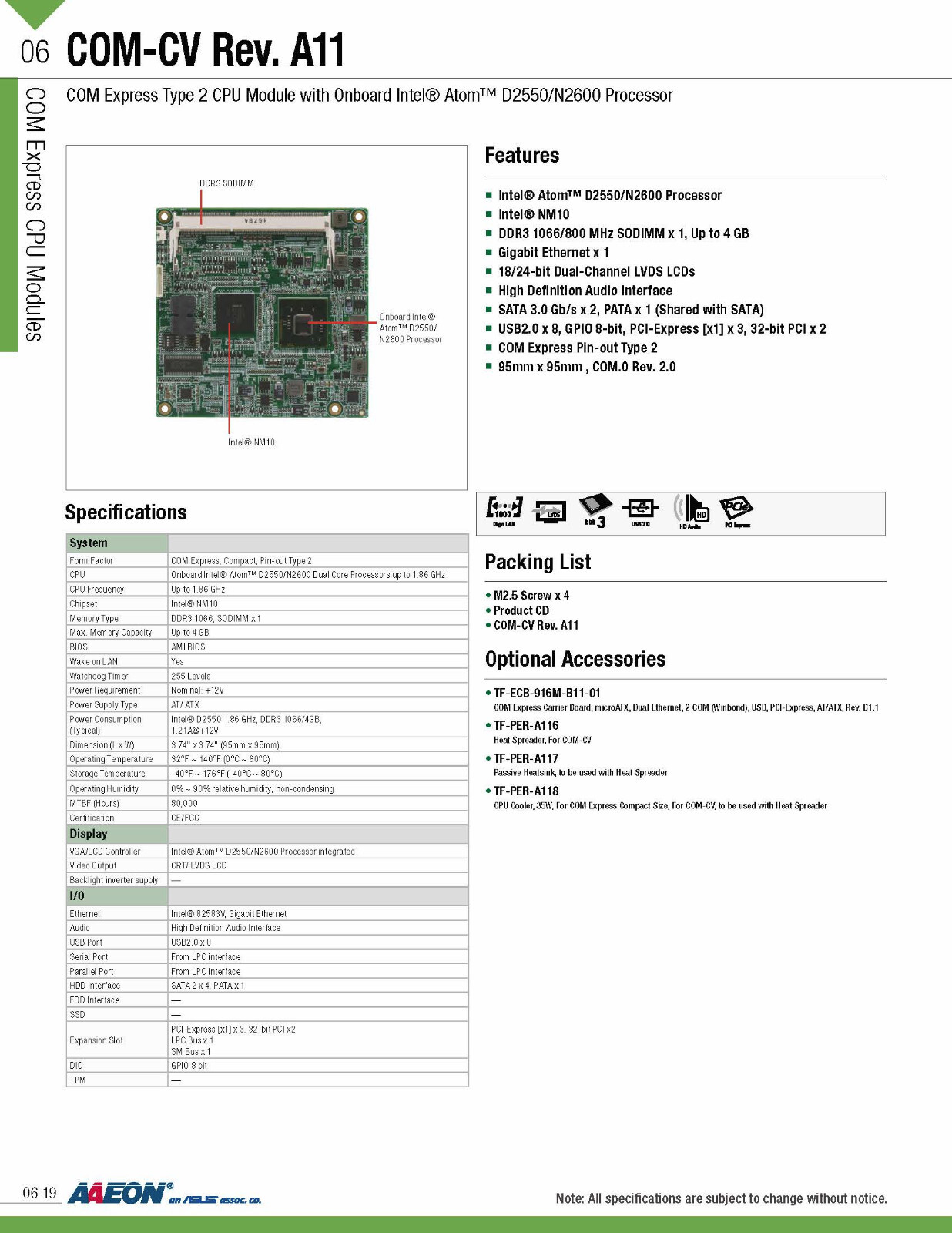 AAEON COM Express Type 2 CPU Module with Onboard Intel® Atom™ N2600 / 2 ...
