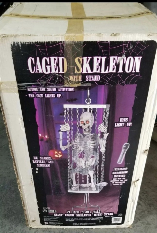 Halloween hanging life size caged skeleton shaking prop cage gemmy | eBay
