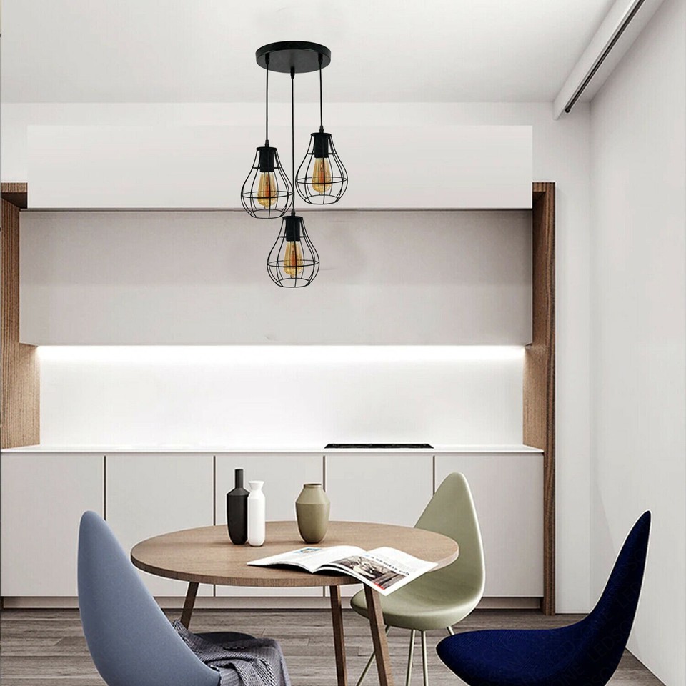 Vintage Ceiling Pendant Light Industrial Metal 3Head Cage LED Hanging ...