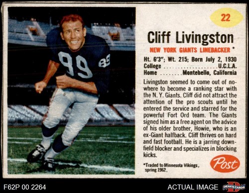 1962 Post Cereal #22 Cliff Livingston Giants-FB UCLA 4 - VG/EX | eBay