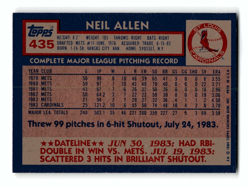 Neil Allen 1984 Topps #435 St. Louis Cardinals High Grade Mint | eBay
