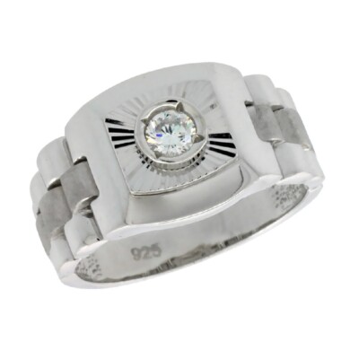 Men's Sterling Silver Watch Band Style Ring w/ Cubic Zirconia Stone | eBay