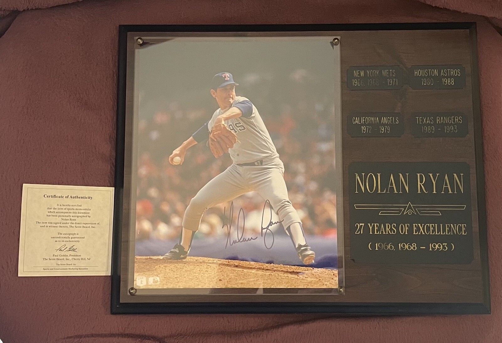 Nolan Ryan Signed Autographed “27 Years Of Excellence” Wall Plaque ...