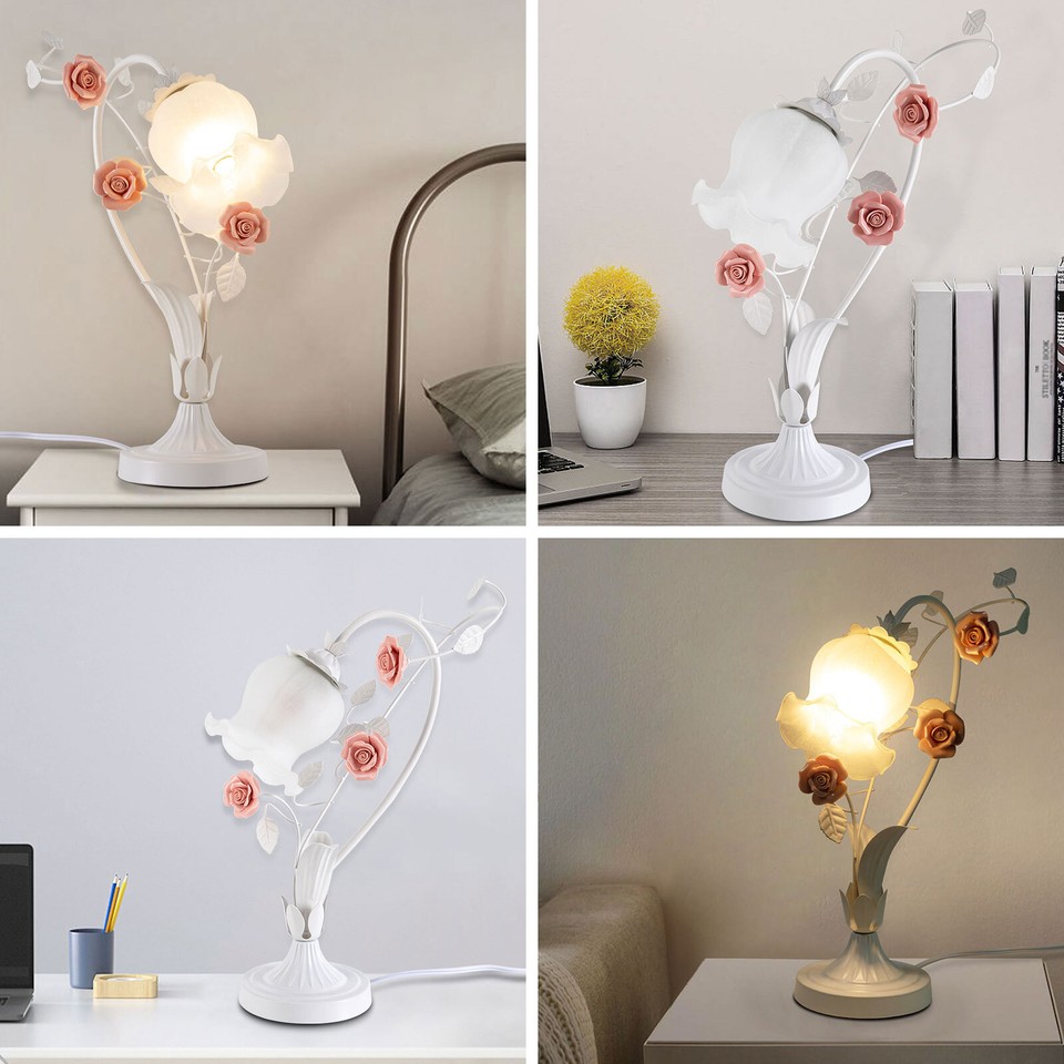 Pink Roses Flower Table Lamp Bedside Lamp Floral Glass Desk Lamp LED ...