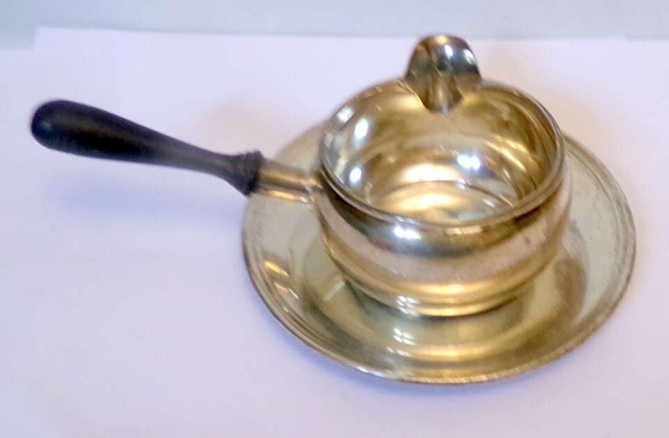 STERLING SILVER SAUCE POT with wood Handle BOWL Pipkin w UNDERPLATE ...
