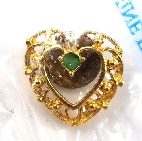 VTG Harriet Carter Gold Tone Heart Pin Green Emerald Swirl Ornate Open ...