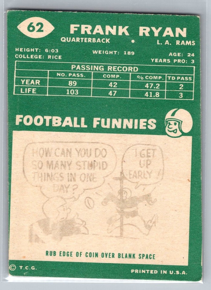 Frank Ryan 1960 Topps #62 Football Card - NO CREASES - LOW SHIPPING ...