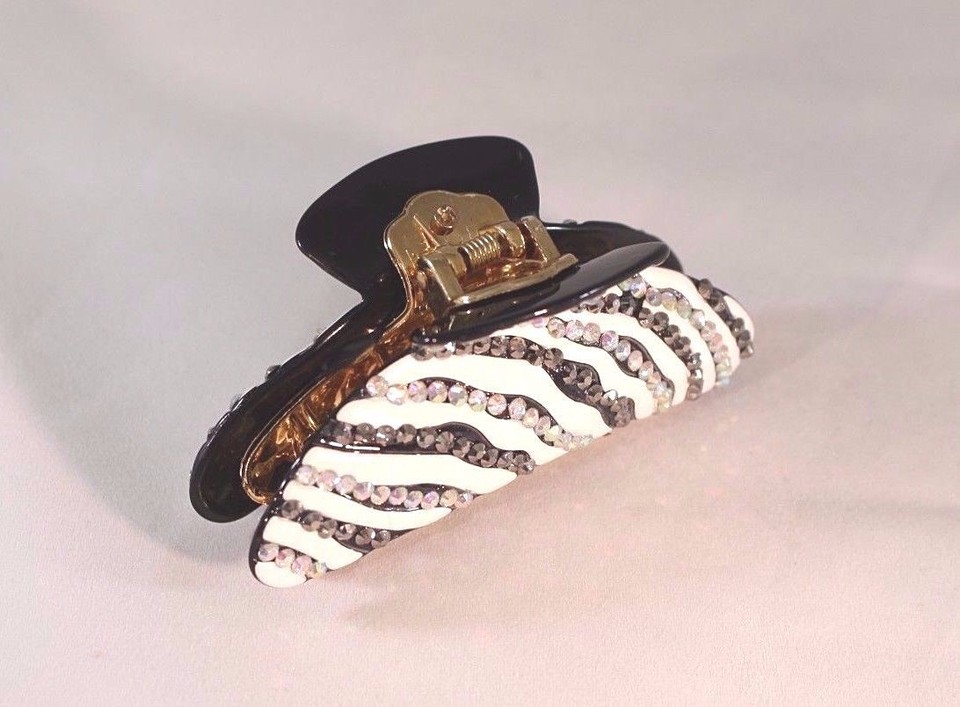 New White and Black Zebra Hair Clip Claw w/Austrian Clear Crystals | eBay