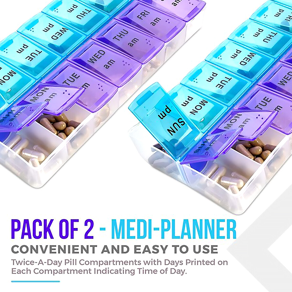 2Pcs Pill Organizer Double-Row 14-Cell Classified Pill Container ...