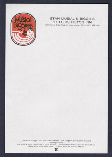 RARE STAN MUSIAL BIGGIES restaurant stationary baseball St Louis ...