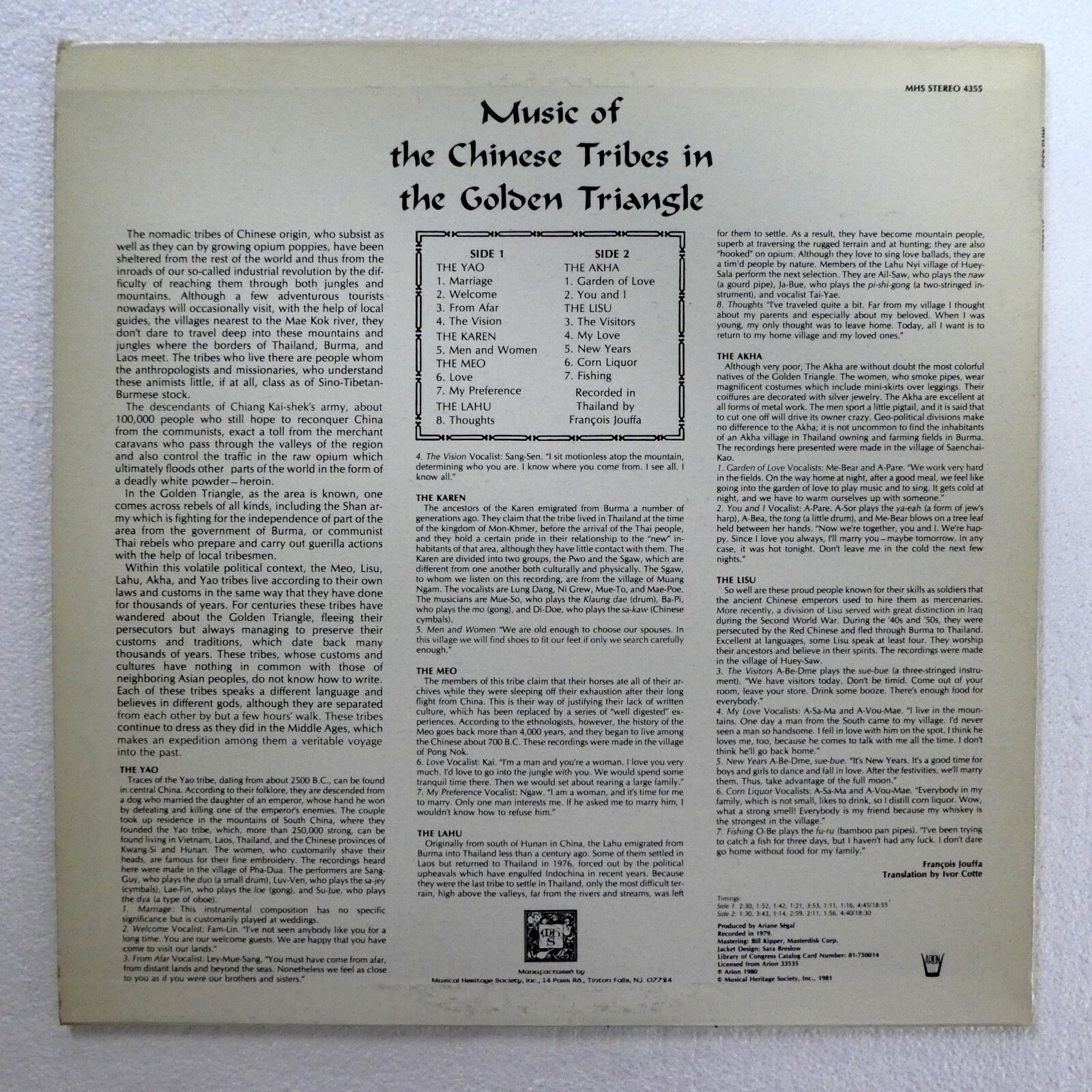Francois Jouffa Musique De The Chinois Tribus En Golden Triangle LP ...